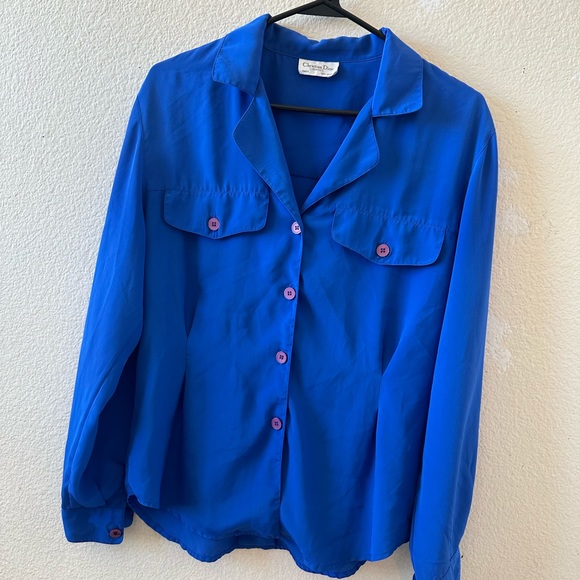 Dior | Tops | Christian Dior Bright Blue Button Down Blouse Ml | Poshmark